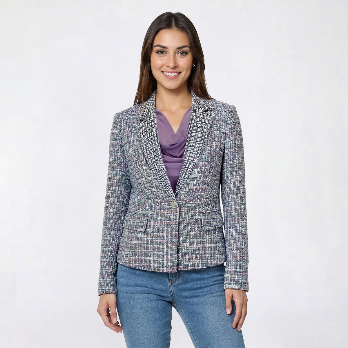 Kasper Womens Tweed One-Button Blazer  Regular & Petite - Paris Blue Multi